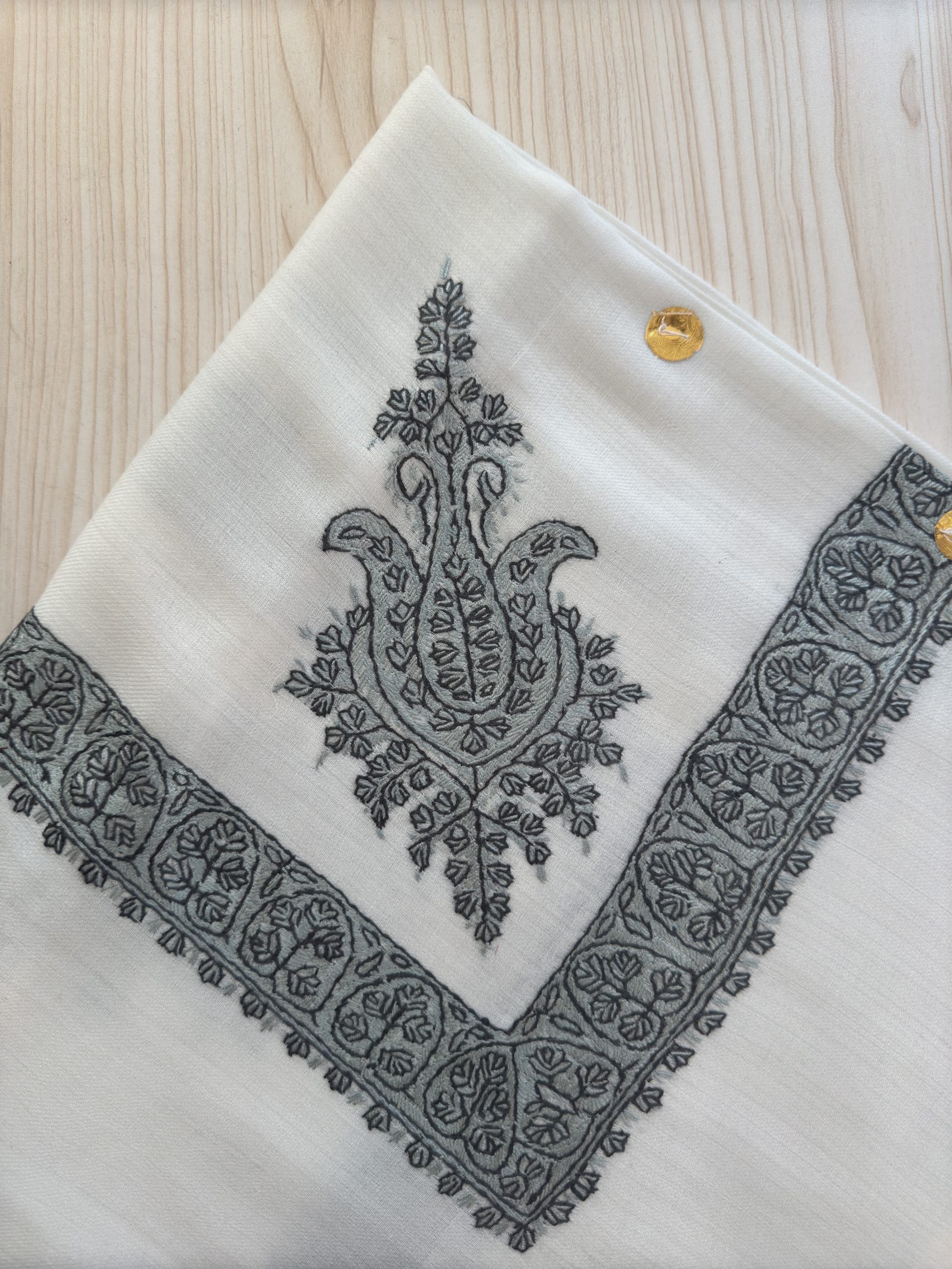 Cashmere Semi-Pashmina Hand Embroidered Rumal Grey – Shawlkaar